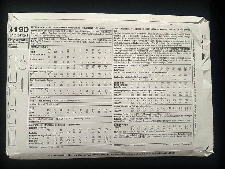 Simplicity - 4190 - Sizes 10,11,14,16,18 - Misses’ Dress, Tunic ...