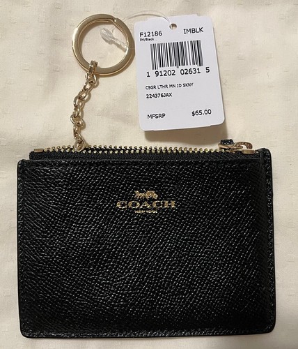 NWT COACH Small Zip Coin Leather Goldtone Logo Black Pebble Round Key ...