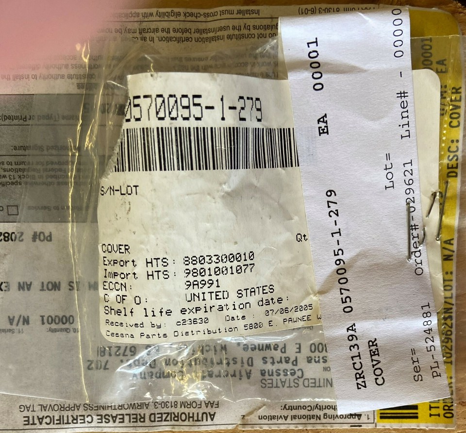 NEW CESSNA PART NUMBER 0570095-1-279 COVER WITH AN FAA 8130-3 PARTS TAG ...