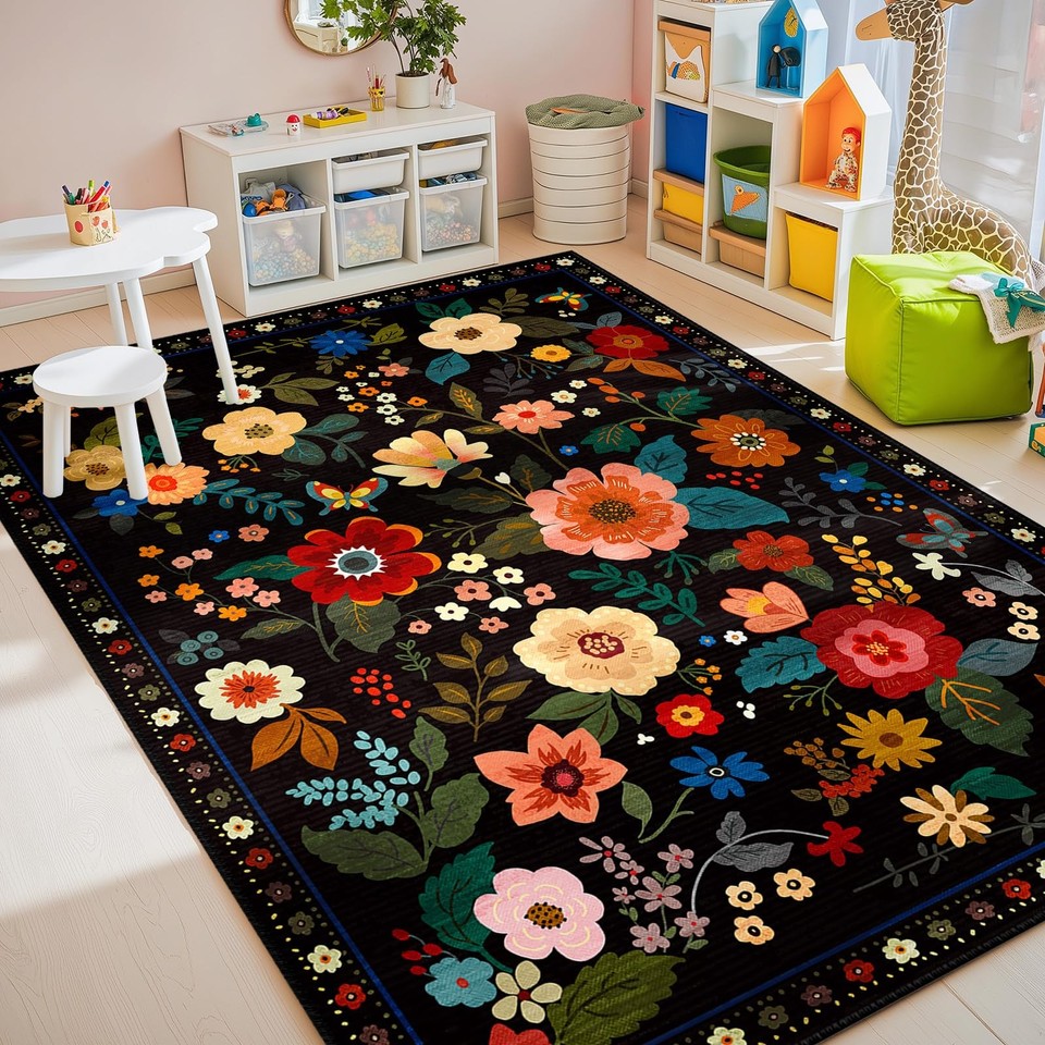 Floral 5x7 Area Rug Machine Washable Soft Print Boho Carpet Non Slip ...