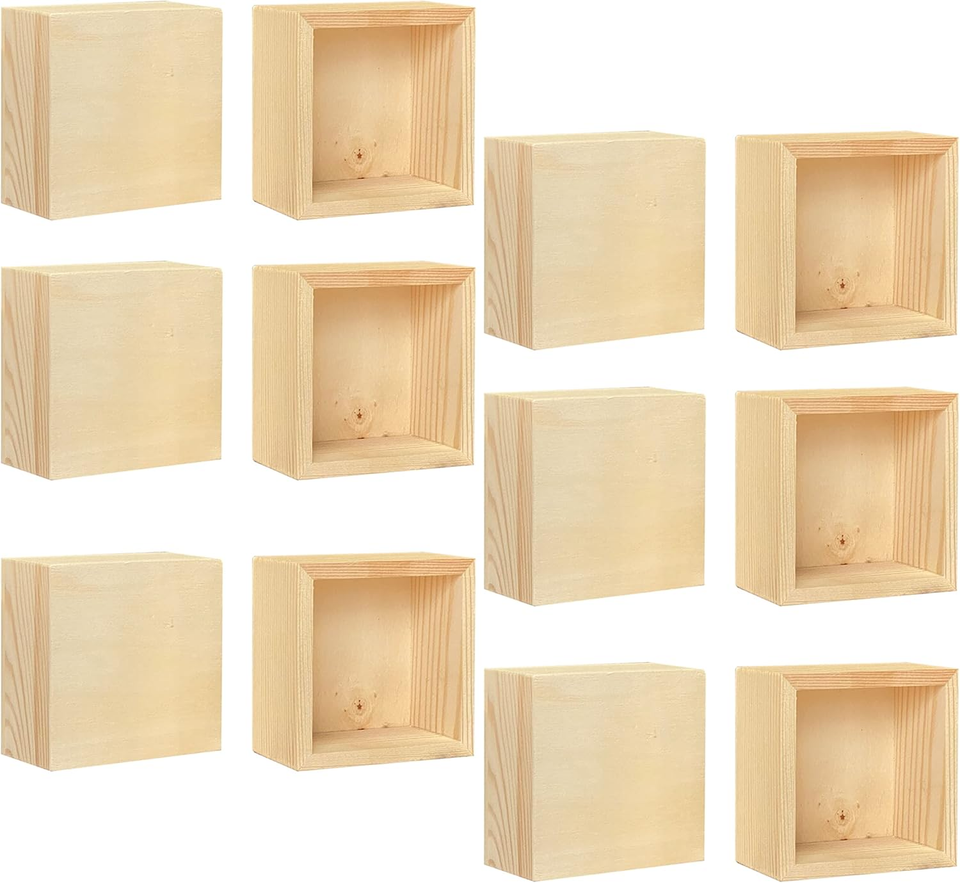 12-Pack Square Wood Box Unfinished Small Wooden Boxes for Crafts (Outer ...