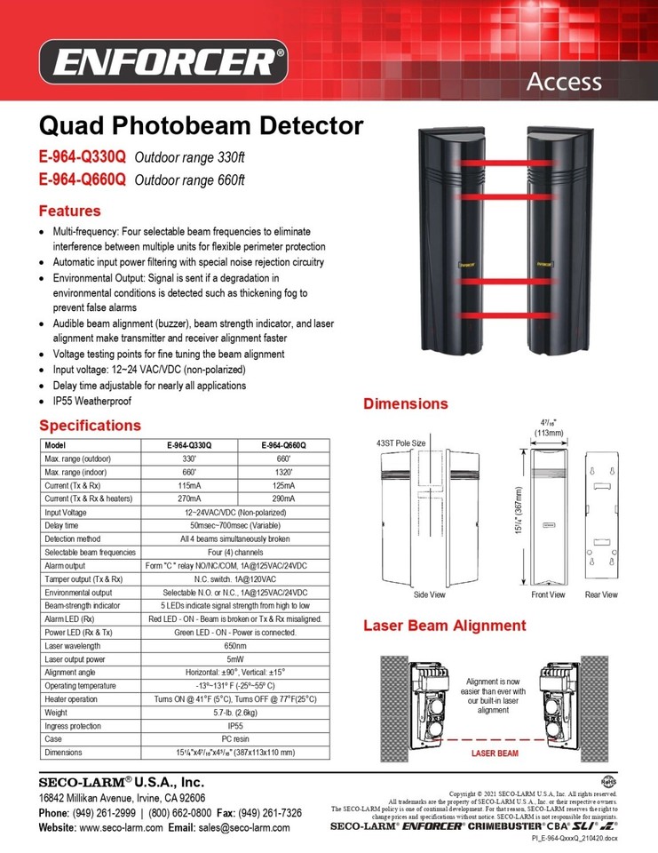 Seco-Larm E-964-Q660Q Multi-Frequency Quad Photobeam Detector with ...