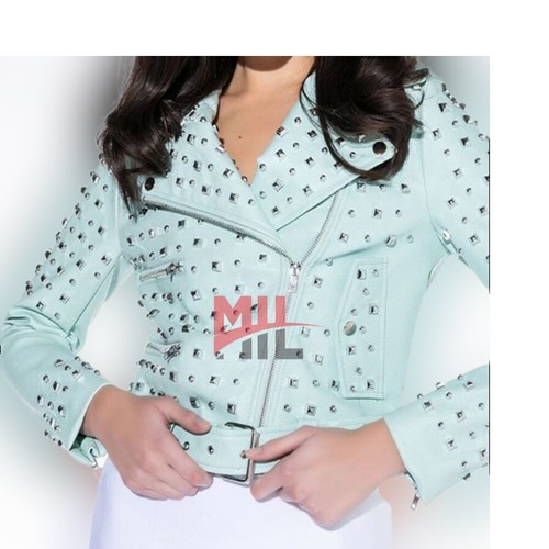 Handmade Women Sky Blue Leather Jacket With Silver Studded, Side Zipper ...