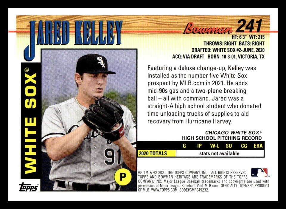 2021 Bowman Heritage Jared Kelley Prospect 241 Chicago White Sox | eBay