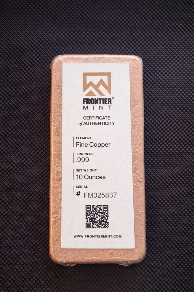 Frontier Mint 10 oz Fine Copper Bar .999 Wrap Sealed with COA attached ...