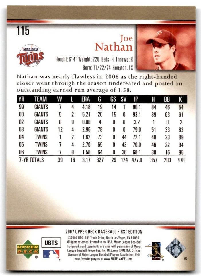 2007 Upper Deck First Edition Joe Nathan Baseball Cards #115 | eBay