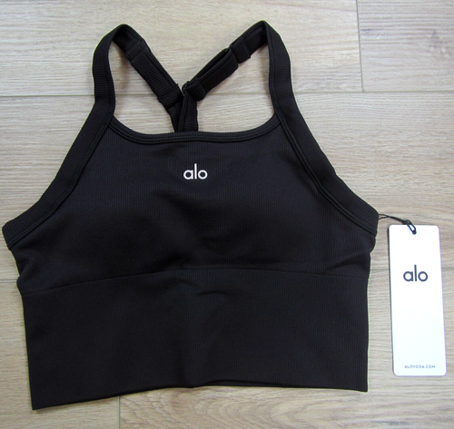 NEW ALO YOGA WOMENS SEAMLESS RIBBED FAVORITE BRA TANK SHIRT TOP BLACK ...
