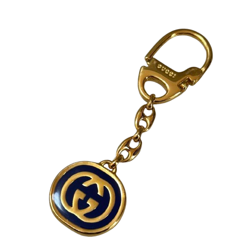 GUCCI Interlocking G Bag Charm Keyring Key Chain Gold Navy Italy ...