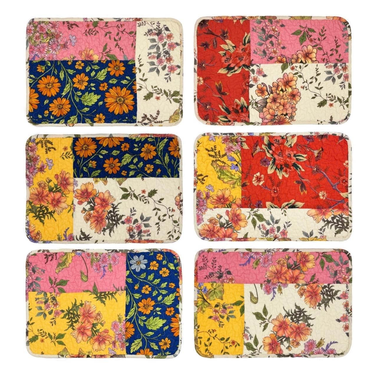 Patchwork Floral Quilted Placemats Set of 6 – 13x19 Cotton Table Mats ...