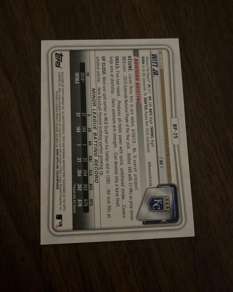 RARE Bobby Witt Jr. 2020 1st Bowman BP-25 Kansas City Royals ...