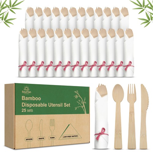 Pre Wrapped Bamboo Cutlery Set With Napkin 25 Pack Bamboo Utensils Set ...
