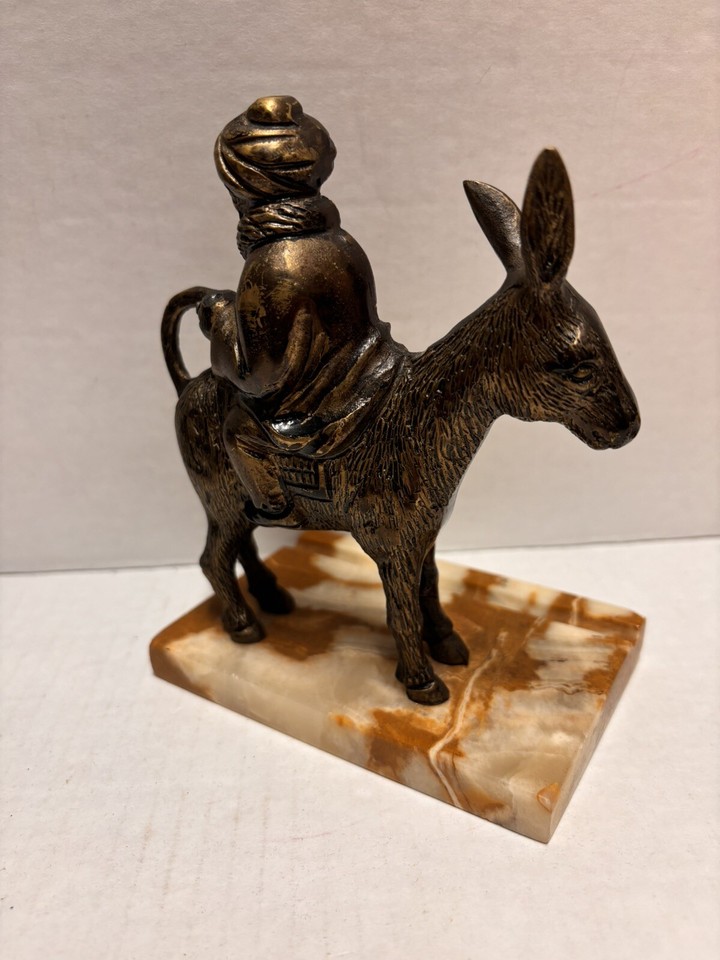 Brass Statue Hodja Man Riding Donkey Backwards Marble Base Turkish ...