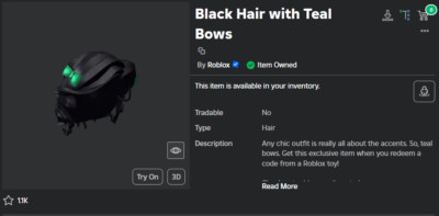 Roblox Black Hair With Teal Bows Digital Toy Code [Sent In Messages] 🎀 ...