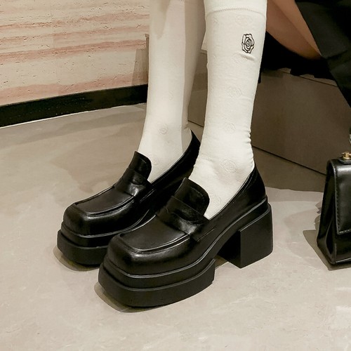Women's Leather Square Toe Slip On Platform Chunky Heel Fashion Loafer ...