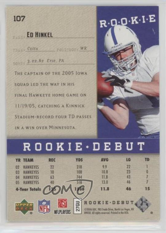 2006 Upper Deck Rookie Debut Hot Box Gold /99 Ed Hinkel #107 Rookie RC ...