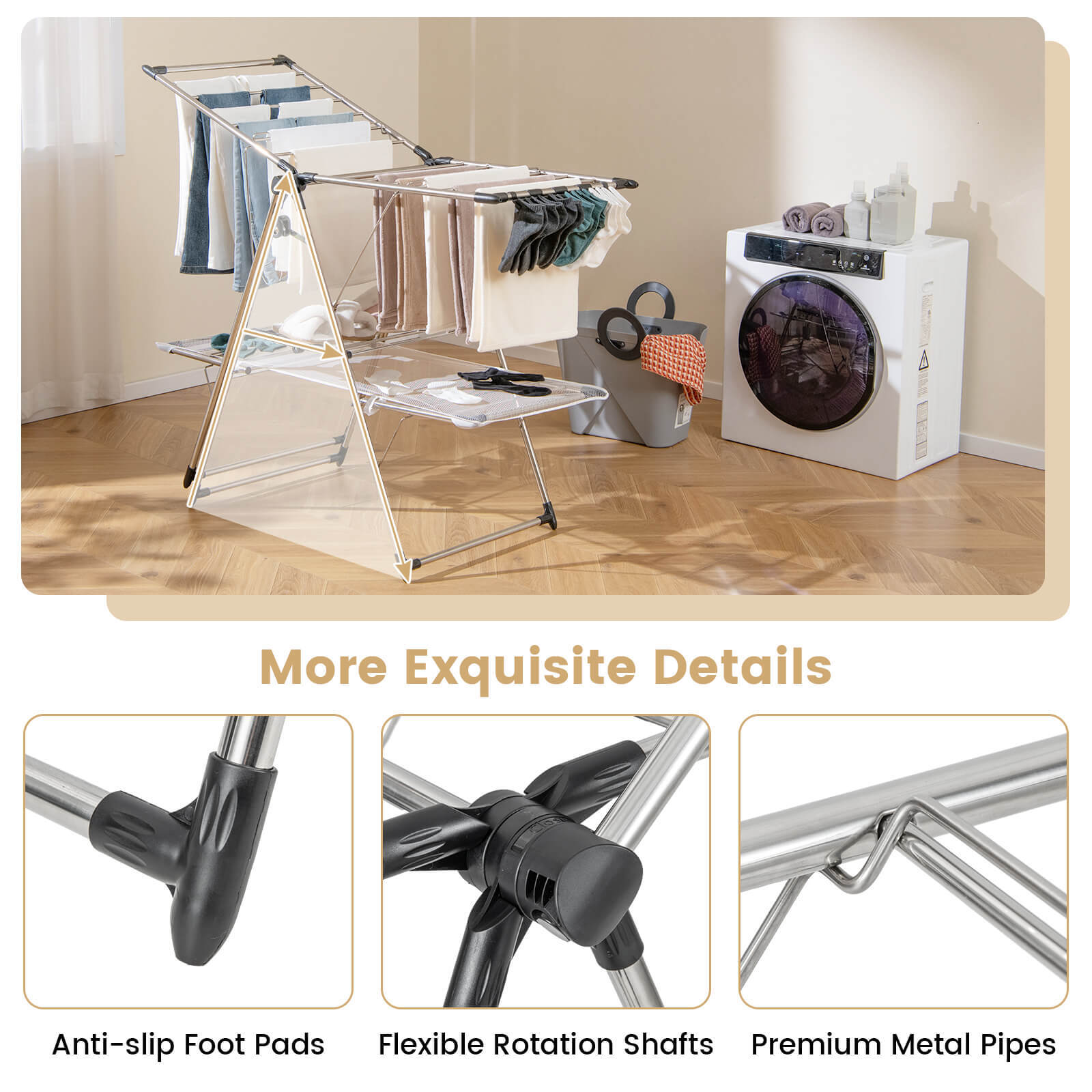 2-Tier Foldable Laundry Drying Rack w/ Tall Hanging Bar, Adjustable ...