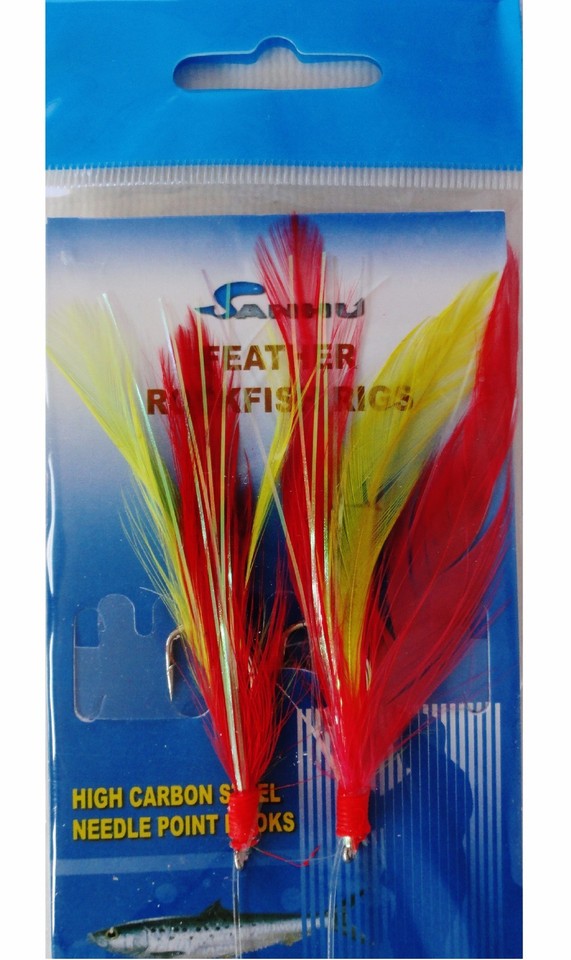 3-100 packs size 3/0 rock cod rigs red/yellow feather rockfish baits-2 ...
