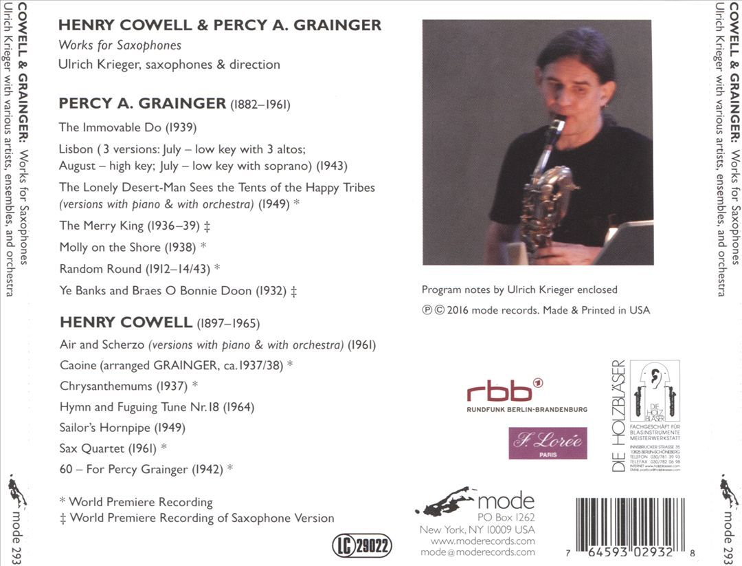 ULRICH KRIEGER HENRY COWELL & PERCY GRAINGER: SAXOPHONE WORKS NEW CD ...