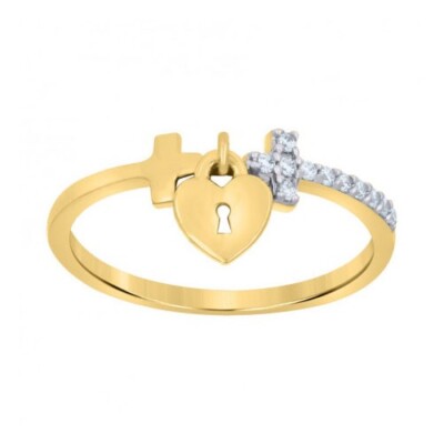 10kt White Or Yellow Gold Womens Cubic Zirconia Cross Heart Lock Ring ...