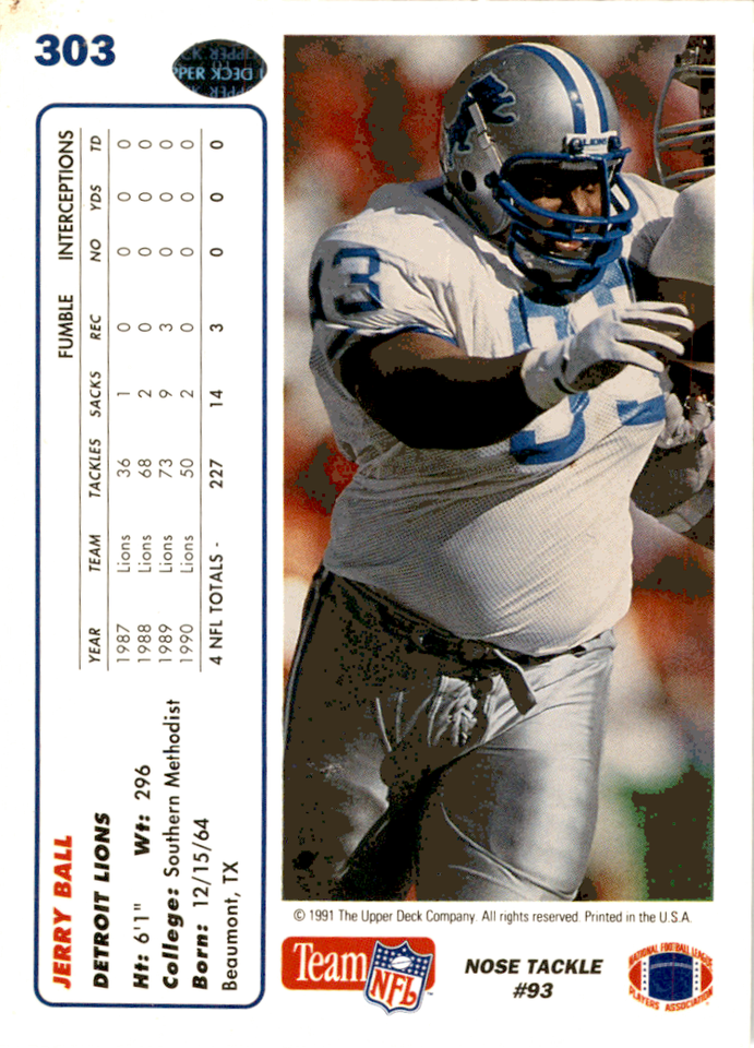 1991 Upper Deck #303 Jerry Ball Detroit Lions | eBay