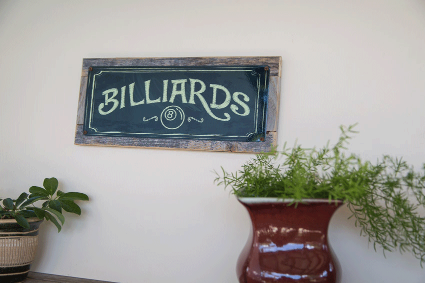 Billiards Metal Sign,On Handmade Rustic Reclaimed Wood Frame, Eight ...