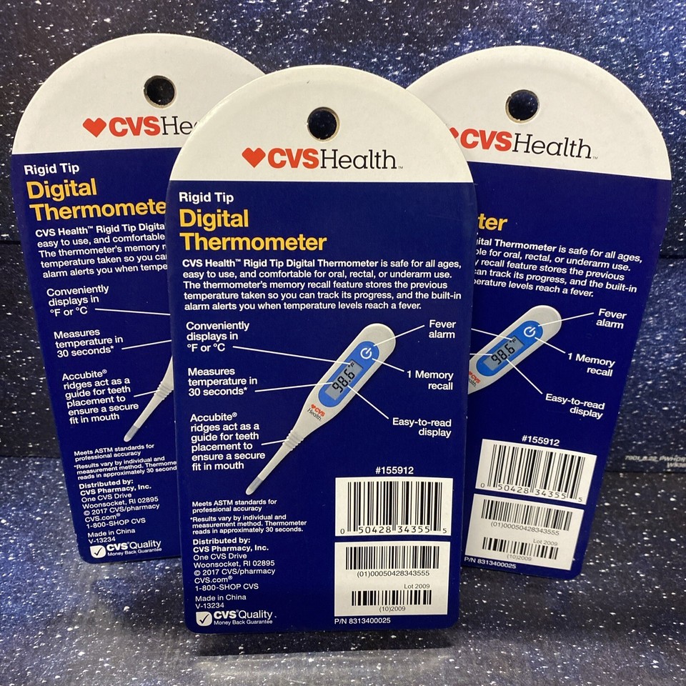 3 X CVS Health Rigid Tip Digital Thermometer 30 Second Read Fever Alarm ...