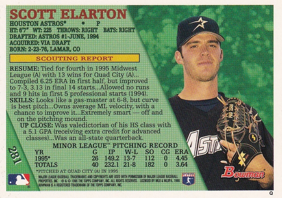 1996 Bowman #281 Scott Elarton Houston Astros Baseball Card | eBay