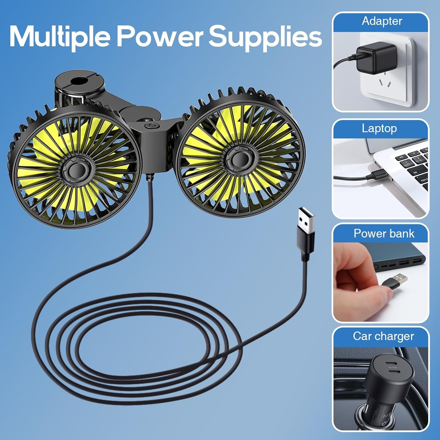 360° Rotatable USB Cooling Car Fan Dual Head Powerful Rear Seat ...