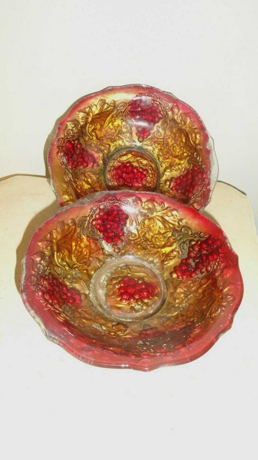 Set of 2 OLD GOOFUS GLASS GRAPE PATTERN LOW BOWL GOLD WITH RED ...