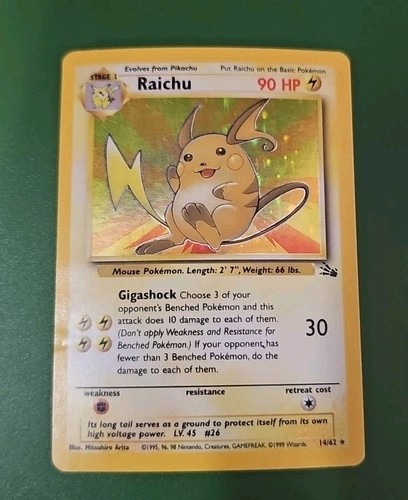 Raichu Pokemon Card 14/62 Fossil Unlimited Holo Rare NM Vintage 1999 ...