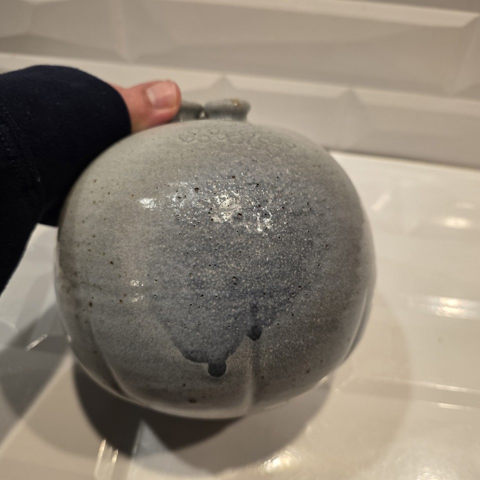 Vintage Studio Art Pottery Signed Blue Brown Ikebana Flower Frog Vase J ...