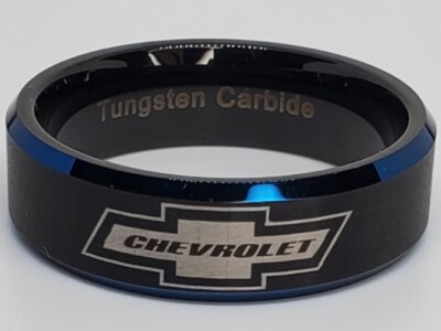 CHEVROLET RING CHEVY WEDDING BAND BLACK & BLUE 8MM TUNGSTEN WEDDING ...
