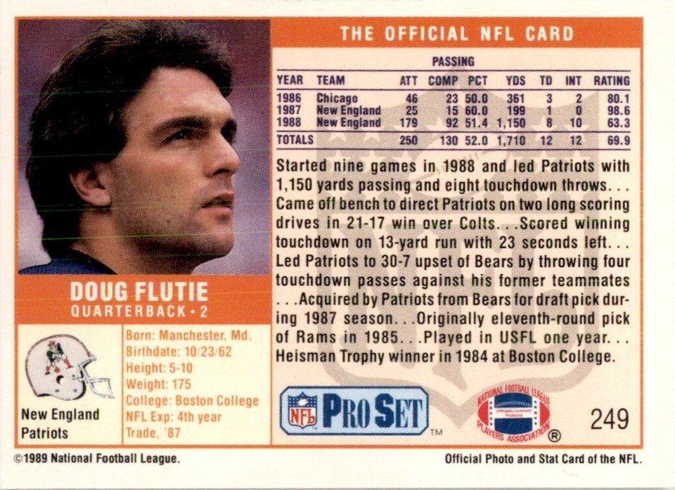 1989 Pro Set Doug Flutie New England Patriots #249 NFL Football Card | eBay