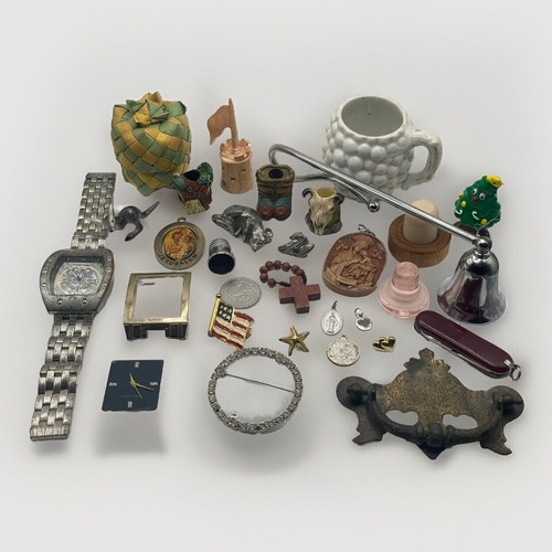 Vintage Junk Drawer Lot Knife Watch Parts Coin Medal Pin Thimble ...