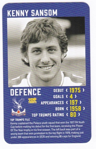 KENNY SANSOM, CRYSTAL PALACE, 'SOUTH LONDON & PROUD', RARE TOP TRUMPS ...