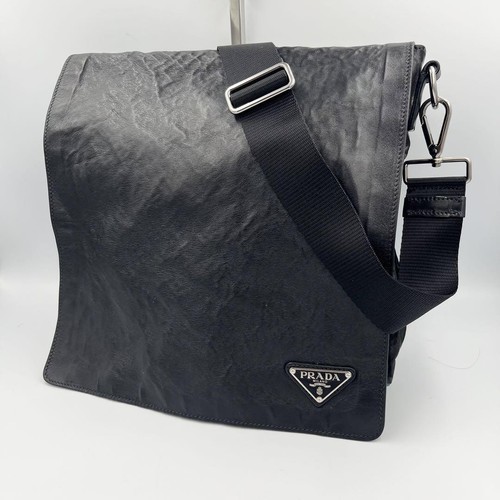 Prada Lamb Leather Messenger Bag Black Triangle Logo Rare Near Mint | eBay