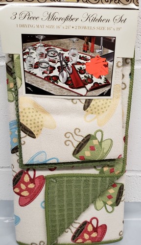 3pc Kitchen Microfiber Set:Drying Mat(16"x24")& 2 Towels Set,HOT COFFEE ...