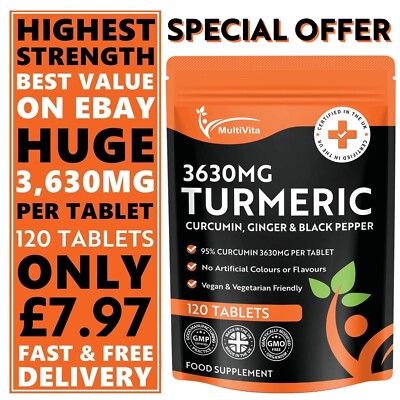 TURMERIC CURCUMIN 3,630mg 120 Tablets with Ginger and Black Pepper 95% ...