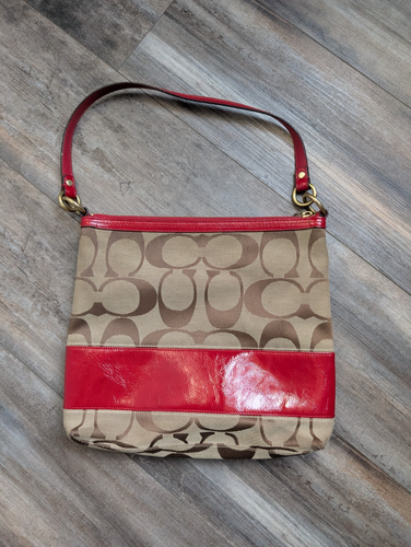 Coach Bag Signature Shoulder Canvas and Red Leather Adjustable Strap ...