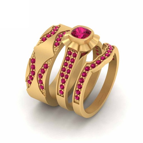 Lab Created Pink Ruby Matching Wedding Ring Band Set His and Her ...