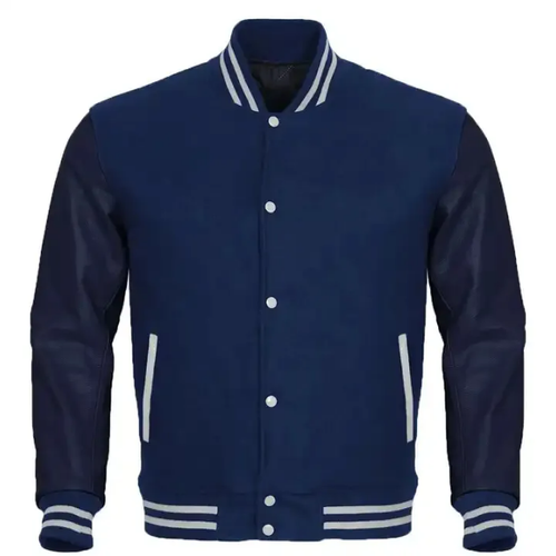 Men's Bomber Letterman Baseball Jacket Navy Wool & Blue Genuine Leather ...