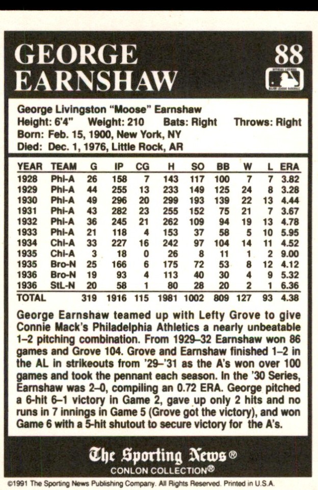 1991 The Sporting News Conlon Collection George Earnshaw Baseball Cards ...