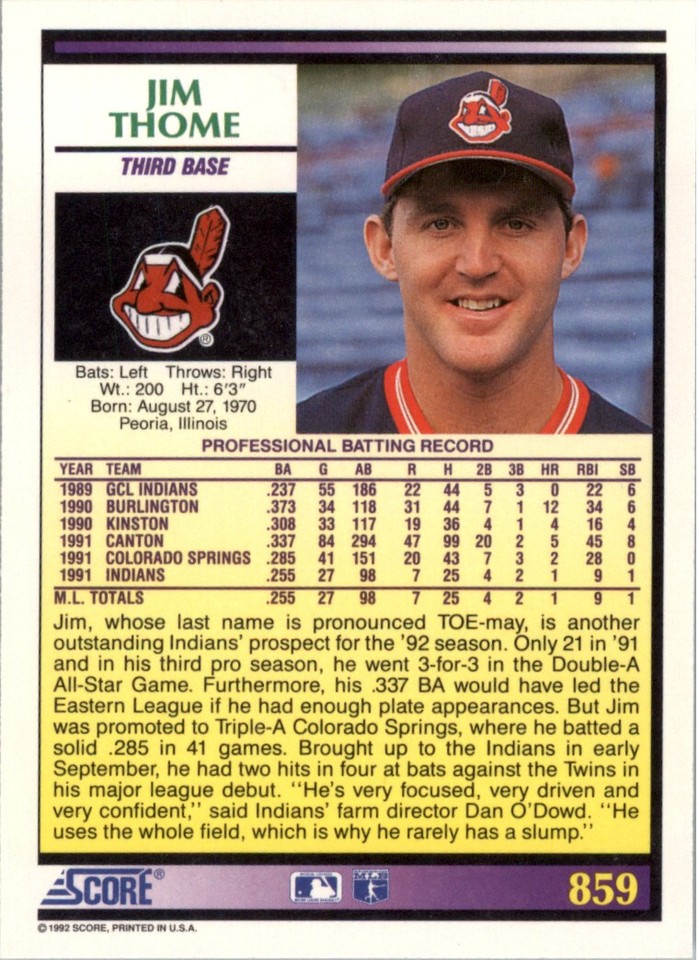 1992 Score JIM THOME #859 RC Rookie Card - Cleveland Indians HOF | eBay