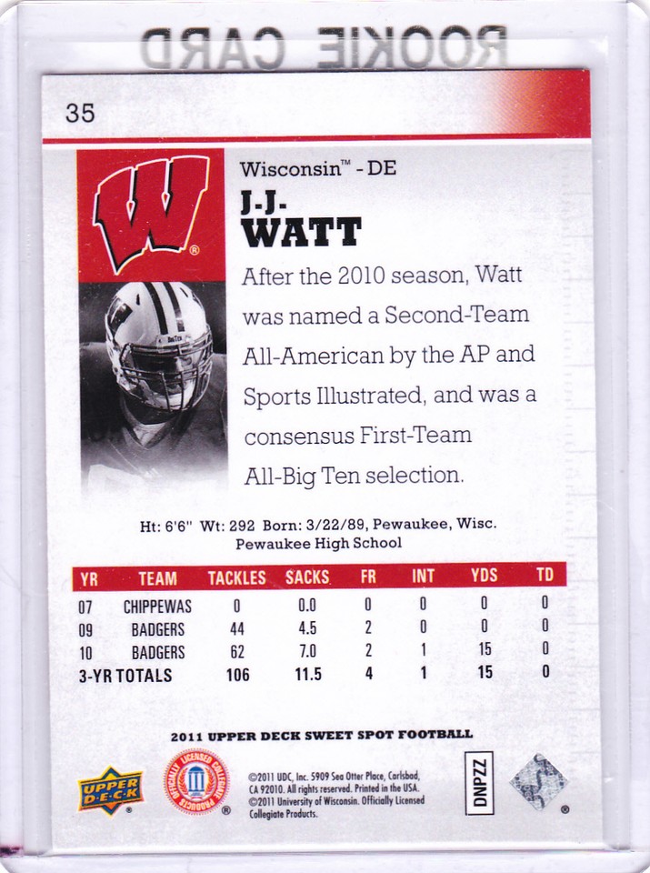 J.J. WATT RC UD Sweet Spot WISCONSIN BADGERS ROOKIE CARD Football JJ ...