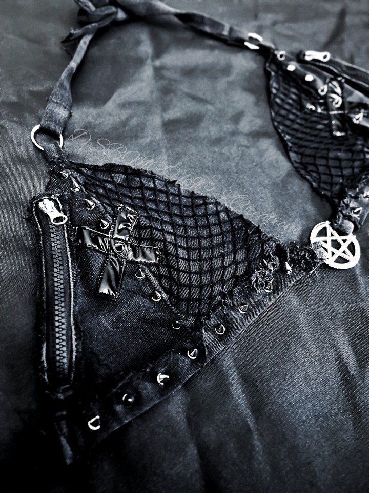 CRASH & BURN Black Denim/Fishnet Pentagram Distressed Bikini Top Rave ...