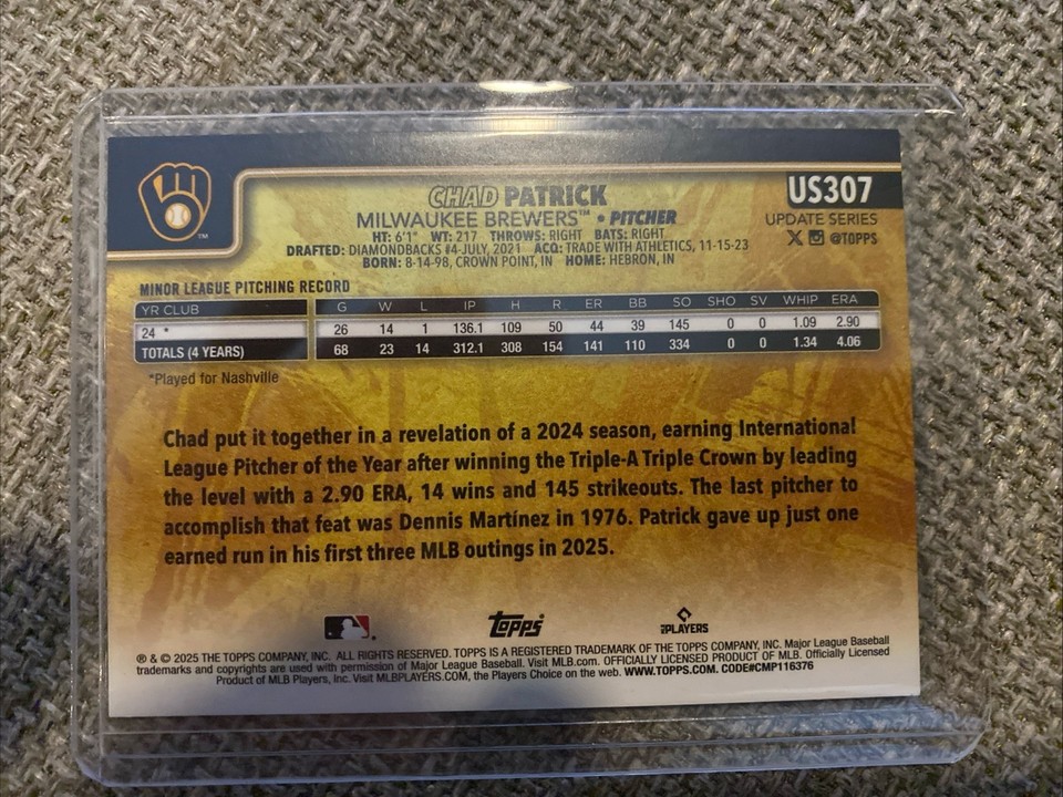 2025 Topps Update Golden Mirror Photo Variation Chad Patrick #US307 ...