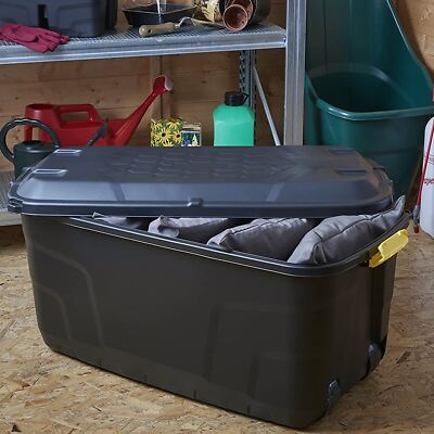 Strata Heavy Duty Storage Box Trunk On Wheels Black 145 Litre | eBay UK