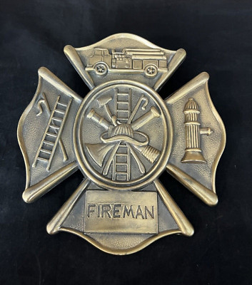 Fireman Wall Plaque Firefighter Cross Shield Cast Iron 9"x 8.25" Gold ...