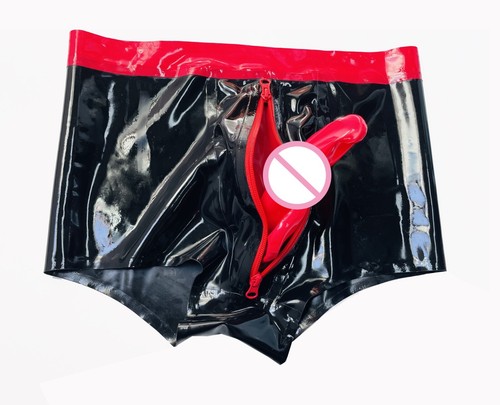 Latex boxer with red waist band codpiece hidden penis sheath 0.4mm ...
