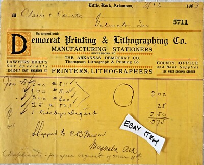 1907 LITTLE ROCK ARK DEMOCRAT PRINTING LITHOGRAPHY CO. STATIONERS CLARK ...